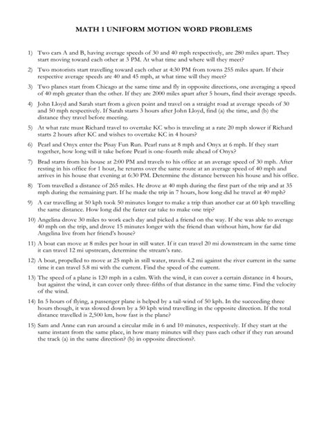 Uniform Motion Word Problems Algebra Worksheet