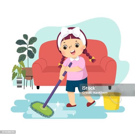 การ์ตูนภาพประกอบเวกเตอร์ของเด็กผู้หญิงตัวน้อยถูพื้น เด็กทํางานบ้านที่บ้านแนวคิด ภาพประกอบสต็อก