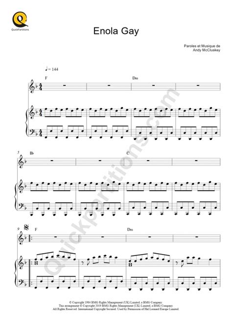 Partition Piano Enola Gay De Orchestral Manoeuvres In The Dark
