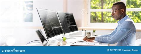 african american coder using computer at desk stock image image of