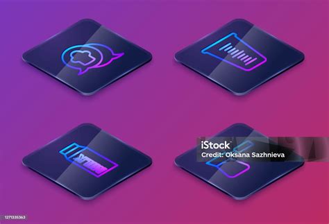 스피치 버블에 아이소메트릭 라인 셰프 모자 우유용 종이 패키지 측정 컵 및 커피 터크를 설정합니다 파란색 정사각형 버튼 벡터 3차원 형태에 대한 스톡 벡터 아트 및 기타