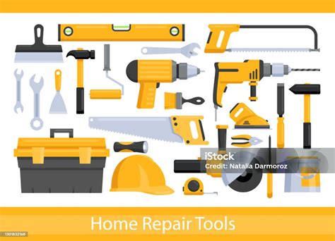 수리 작업자 도구 세트 건설 작업을위한 노란색 손 악기 장비 공구상자에 대한 스톡 벡터 아트 및 기타 이미지 공구상자 노랑 전기 연료 및 전력 생산 Istock