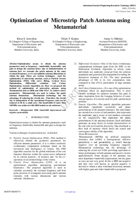 Pdf Optimization Of Microstrip Patch Antenna Using Metamaterial Anuja Odhekar