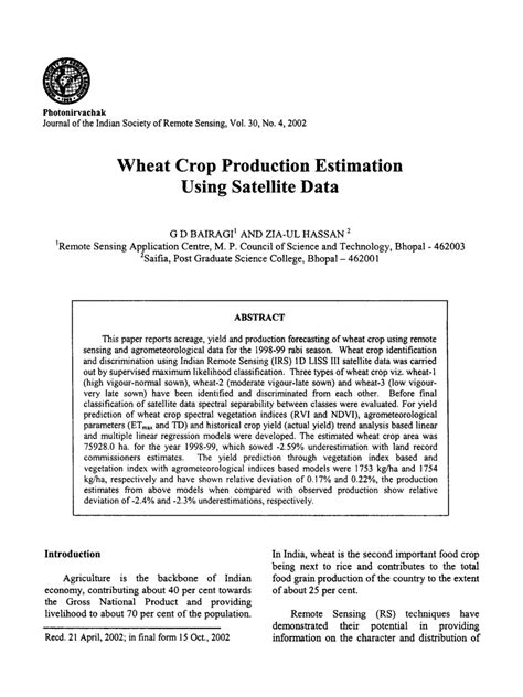 Pdf Wheat Crop Production Estimation Using Satellite Data