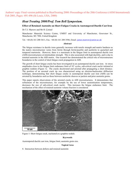 Pdf Effect Of Retained Austenite On Short Fatigue Cracks In Austempered Ductile Cast Iron Adi