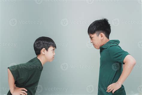 Dos Hermanos Enojados Mirándose Unos A Otros Sobre Fondo Gris 6419733