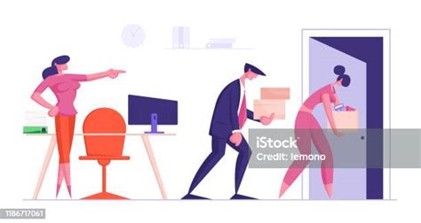 해고 슬픈 비즈니스 남자와 여자는 사무실을 떠나 상자에 문서 파일의 큰 힙을 수행 문을 가리키는 레이디 보스 기업 회사 직원 가는 에서 작업 만화 평면 벡터 일러스트 감정에