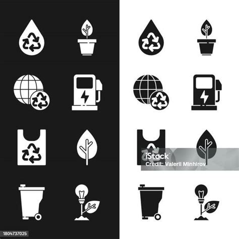 전기 자동차 충전소 행성 지구 및 재활용 깨끗한 아쿠아 재활용 화분 재활용 비닐 봉투 나무 전구 잎 및 휴지통 아이콘을