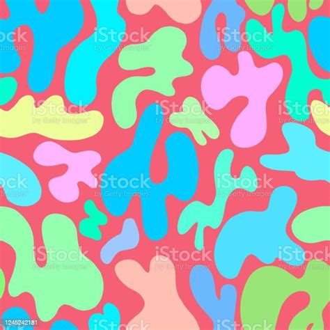 빨간색 배경에 있는 컬러 반점의 추상적인 밝은 패턴입니다 반점의 간단한 패턴 타원형 원 불규칙한 모양 추상스타일 직물 직물 종이 디자인 벡터 일러스트레이션 0명에 대한 스톡