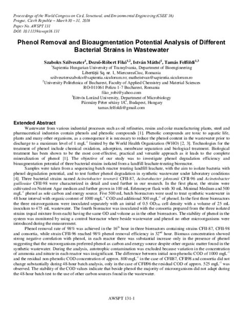Pdf Phenol Removal And Bioaugmentation Potential Analysis Of Different Bacterial Strains In