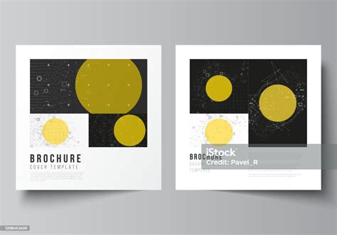 두 개의 정사각형 형식의 벡터 일러스트 레이아웃은 브로셔 전단지 잡지에 대한 디자인 템플릿을 다룹니다 동적 입자가 있는 과학 또는 기술 3d 배경 화학 및 과학 개념 0명에