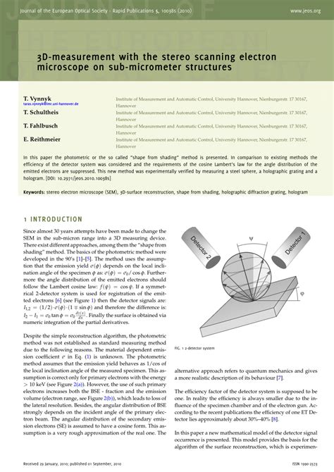 Pdf 3d Measurement With The Stereo Scanning Electron Microscope On Sub Micrometer Structures