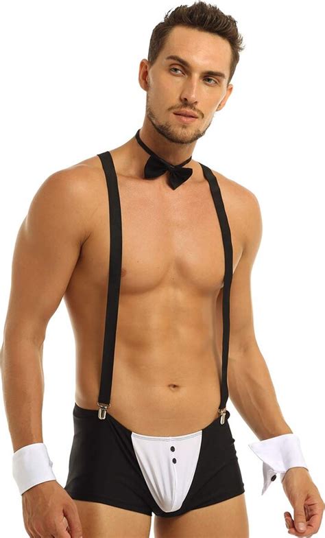 Doomiva Mens Sexy Bow Tie Tuxedo Boxer Briefs With Y Back Suspender Suit Waiter Cosplay