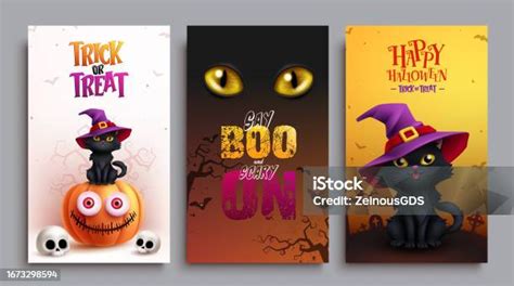 할로윈 트릭 또는 치료 벡터 포스터 세트 디자인 귀여운 마녀 새끼 고양이와 함께 할로윈 인사말 텍스트 엽서 모음 눈 신체 부분에 대한 스톡 벡터 아트 및 기타 이미지