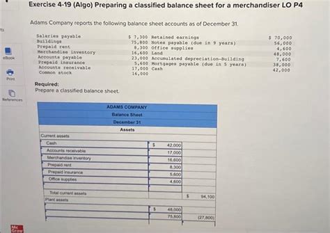 solved exercise 4 19 algo preparing a classified balance