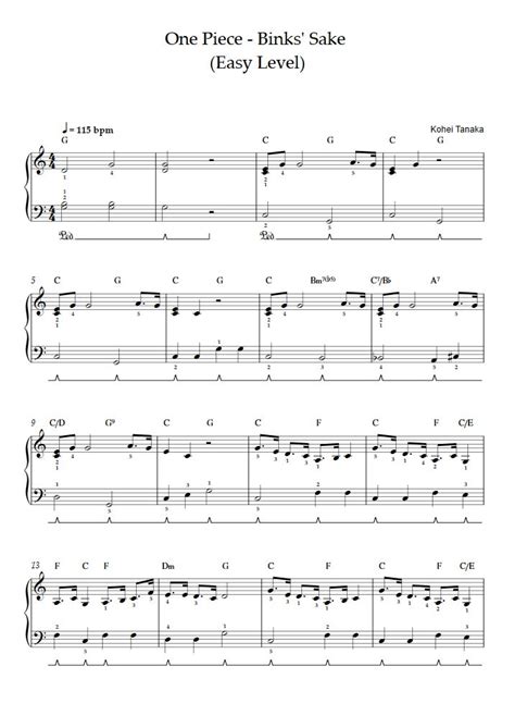 Sheet Music With The Words One Piece Blink S Sake Easy Level
