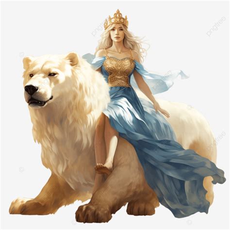 한 소녀가 파란색 긴 드레스를 입고 황금머리 왕관을 쓰고 백곰 뒤에 앉아 있다 여자 파란 드레스 황금 머리카락 Png