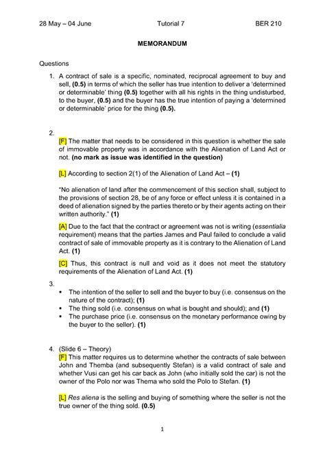 Tutorial 7 Memorandum 28 May 04 June Tutorial 7 Ber 210 1 Memorandum Questions A Contract Of