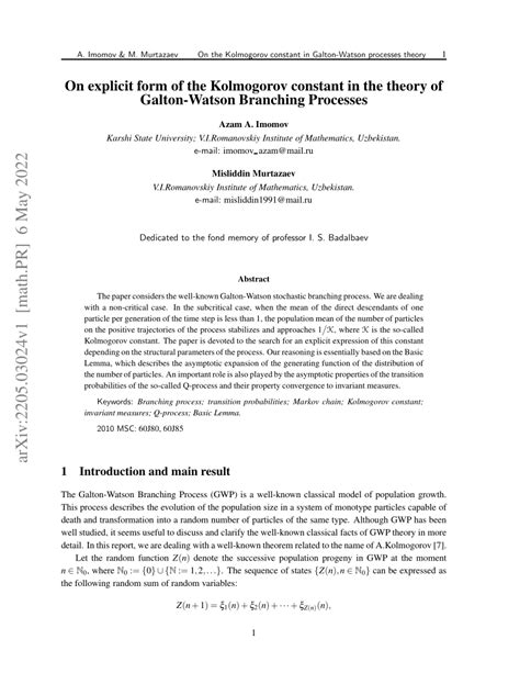 Pdf On Explicit Form Of The Kolmogorov Constant In The Theory Of Galton Watson Branching Processes