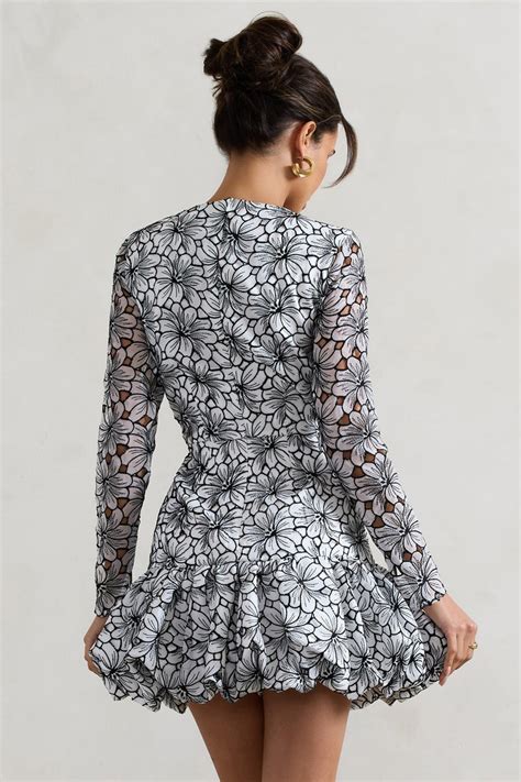 Claribel Black And White Lace Long Sleeve Mini Dress With Ruffle Hem Club L London Usa