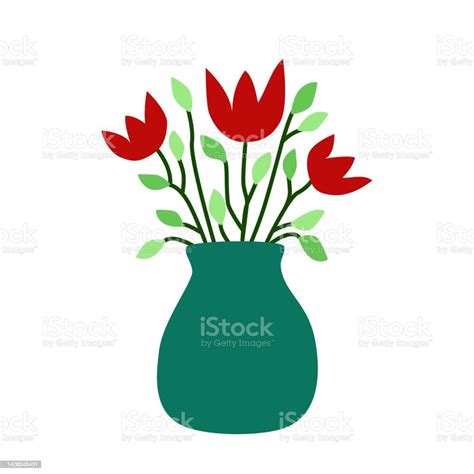 흰색 배경에 고립 된 평평한 색의 낙서 스타일의 꽃병 벡터 일러스트레이션의 붉은 꽃 실내 장식을위한 피는 튤립의 꽃다발 생일 선물 간단한 클립 아트 디자인 요소 개화기에
