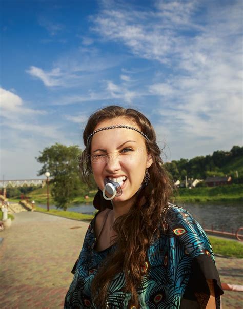 Woman Sucks Ice Coffee With Milk Beautiful Young Woman Enjoying Latte