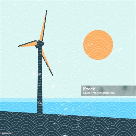 벡터 일러스트 레이 션 미드 센추리 모던 그래픽 70년대 복고풍 펑키 스타일 풍력 에너지 개념 풍차 풍경 그런 지 질감의 일몰 장면 신재생에너지 친환경 기술 0명에 대한