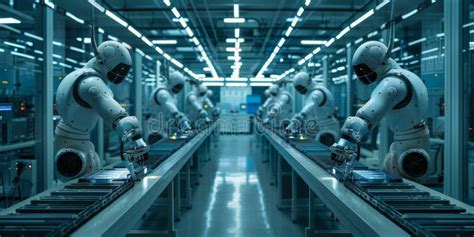 Robots Working On An Automated Assembly Line In A High Tech Factory
