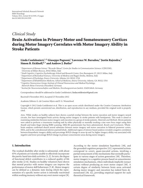Pdf Brain Activation In Primary Motor And Somatosensory Cortices During Motor Imagery