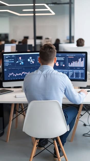 Back View Of The Data Analysts Work On Visualisation With Machine