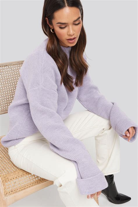Ribbed Knitted Turtleneck Sweater Purple Na