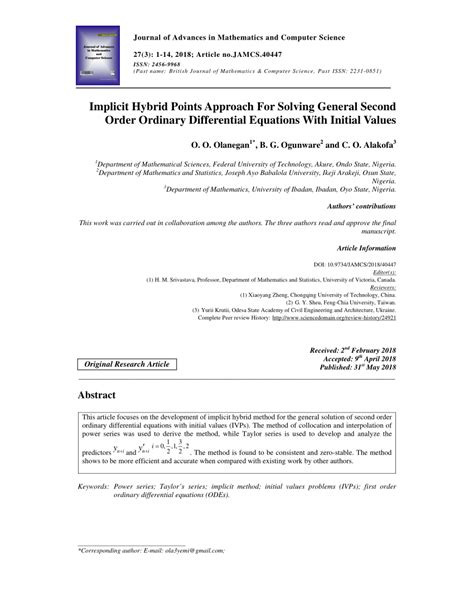 Pdf Implicit Hybrid Points Approach For Solving General Second Order Ordinary Differential