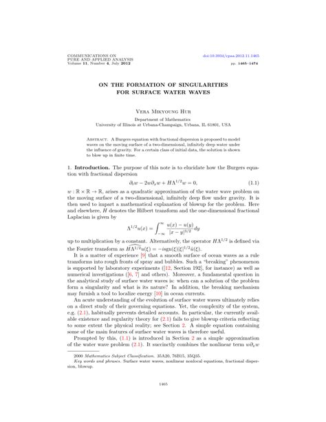 Pdf On The Formation Of Singularities For Surface Water Waves