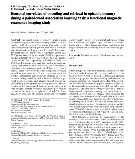 Pdf Neuronal Correlates Of Encoding And Retrieval In Episodic Memory During A Paired Word
