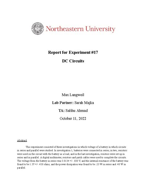 Lab Report Experiment 17 Google Docs Report For Experiment DC Circuits Max Langweil Lab