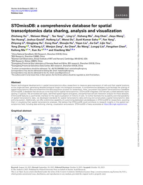 Pdf Stomicsdb A Comprehensive Database For Spatial Transcriptomics