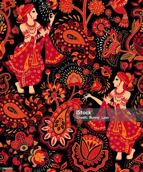 벡터 원활한 패턴 장식 인도 스타일 양식에 일치시키는 꽃과 인도 무용수 다채로운 벡터 일러스트레이션입니다 직물 직물 엽서 표지 선물 용지를 위한 디자인 꽃 나무에 대한 스톡
