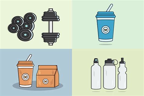 체육관 휘트니스 요소 벡터 일러스트 레이 션의 세트입니다 체육관 운동 아이콘 개념입니다 운동 아령 병 일회용 컵 벡터 디자인 개체 그룹에 대한 스톡 벡터 아트 및 기타