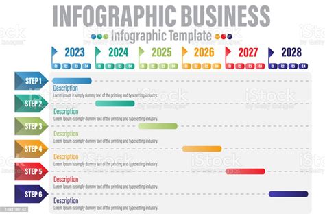 6 6 단계 현대 타임 라인 다이어그램 월 워크 플로우와 직사각형 프리젠 테이션 벡터 인포 그래픽이있는 달력 분기 비즈니스를