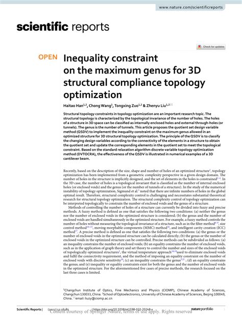 Pdf Inequality Constraint On The Maximum Genus For 3d Structural Compliance Topology Optimization