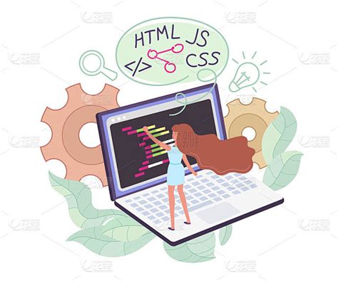 web开发。网站编程和编码。这位女士正在一台笔记本电脑的ide后台工作。无面平面概念插图创建一个带有