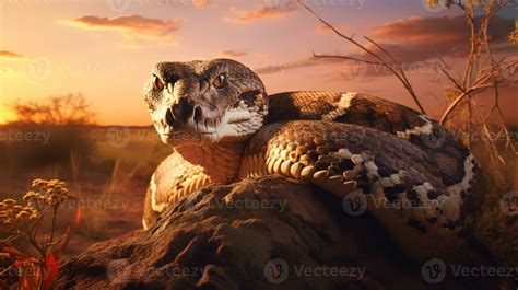 Photo Of African Rock Python On Savanna At Sunset Generative Ai