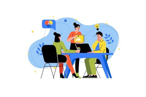 플랫 만화 디자인의 사람들 장면을 사용한 크리에이티브 에이전시 개념 창의적인 사람들로 구성된 팀은 멋진 프로젝트 벡터 그림을