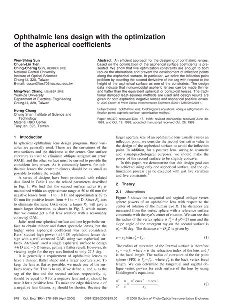 Pdf Ophthalmic Lens Design With The Optimization Of The Aspherical