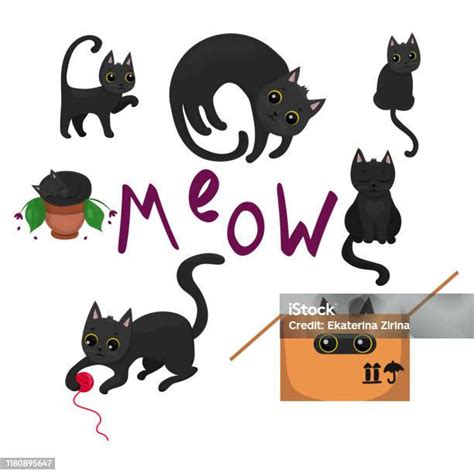 다양한 포즈 벡터 이미지에서 노란색 눈을 가진 검은 새끼 고양이 가르랑거림에 대한 스톡 벡터 아트 및 기타 이미지 가르랑거림 가축 개체 그룹 Istock