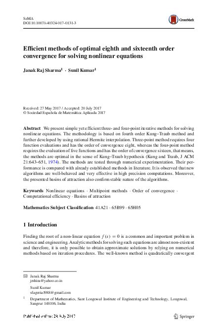 Pdf Efficient Methods Of Optimal Eighth And Sixteenth Order Convergence For Solving Nonlinear