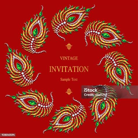 초대 카드 템플릿 골드 공작의 깃털 무늬와 종이 색상 배경 결정 결혼식 공작 깃털에 대한 스톡 벡터 아트 및 기타 이미지 공작 깃털 결정체 결혼 의식 Istock