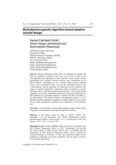 Pdf Multiobjective Genetic Algorithm Based Adaptive Wavelet Design