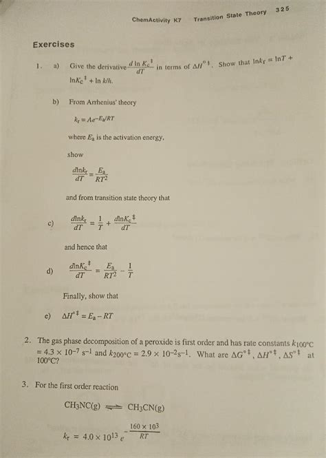 ChemActivity K Transition State Theory Exercises Chegg
