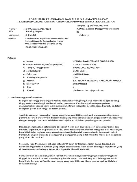 Form Tanggapan Dan Masukan Masyarakat Lspi Pdf